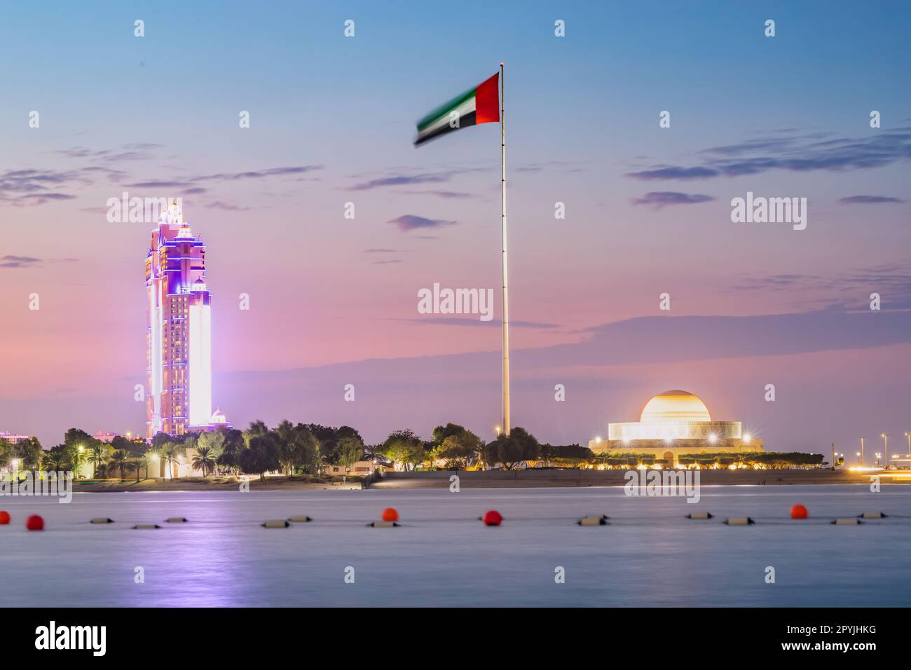 15 January 2023, Abu Dhabi, UAE: Opera theater, flag and Rixos Marina ...