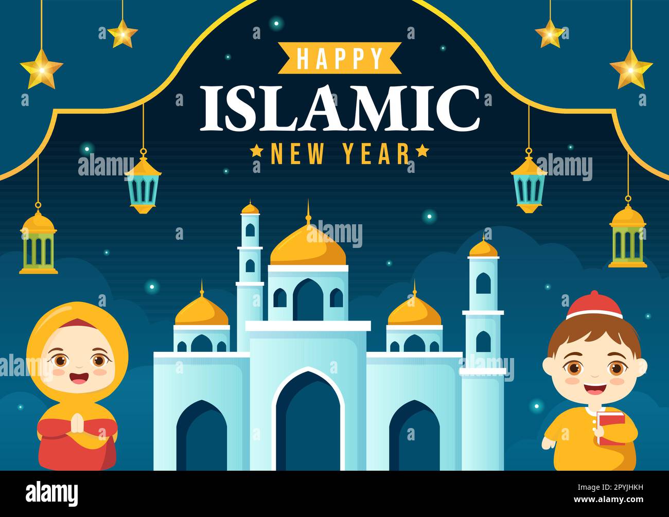 Happy Muharram Islamic New Year Vector Illustration with Kids Muslims ...