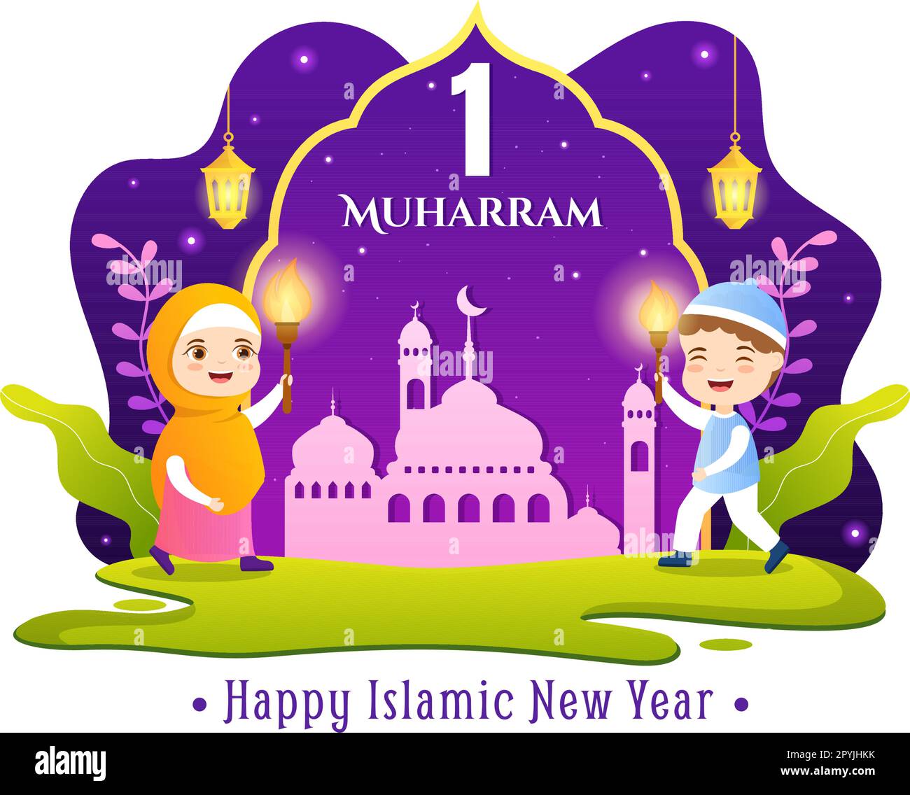Happy Muharram Islamic New Year Vector Illustration with Kids Muslims ...