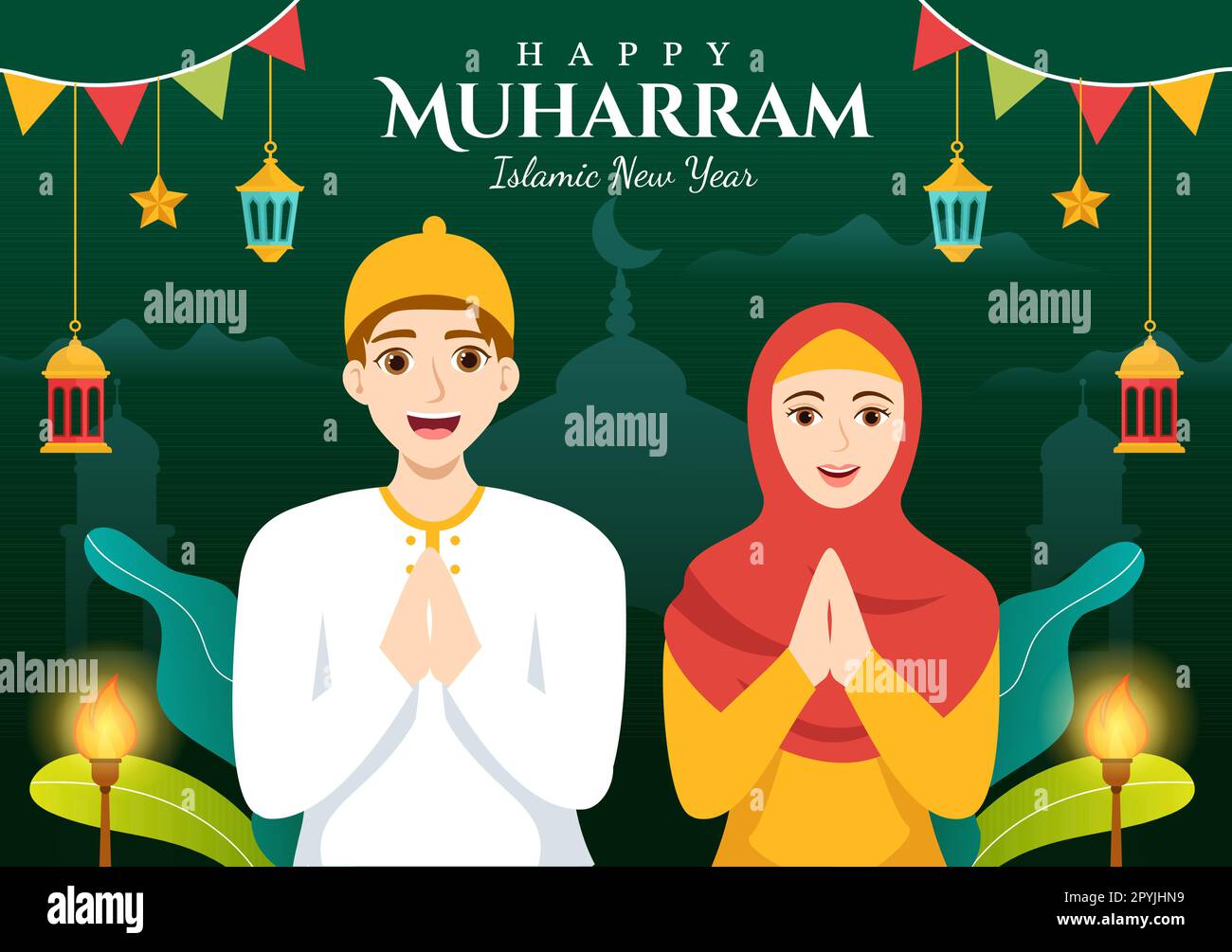 Happy Muharram Islamic New Year Vector Illustration with Muslims ...