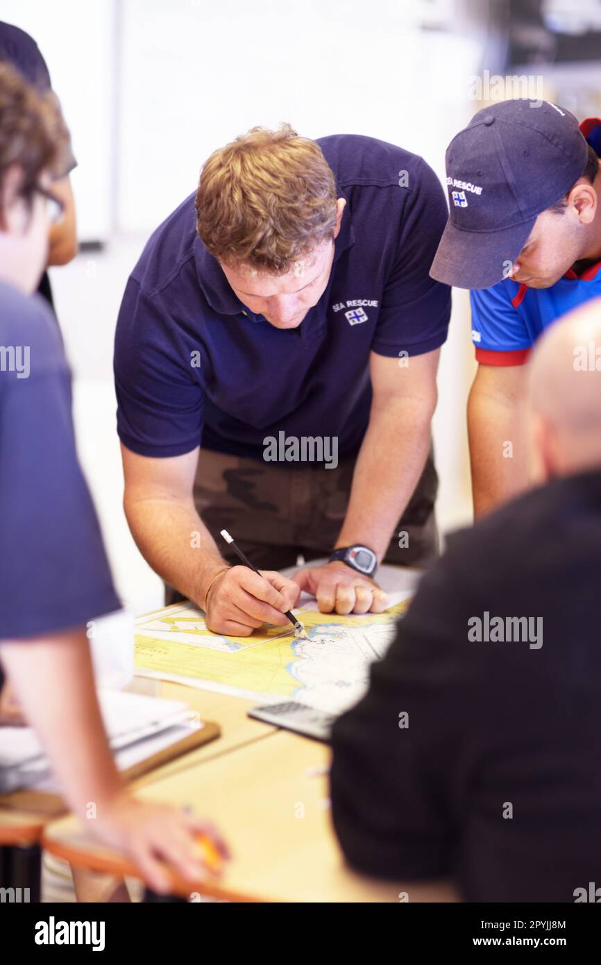 Map, lifeguard working and sea marine with investigation with drawing ...