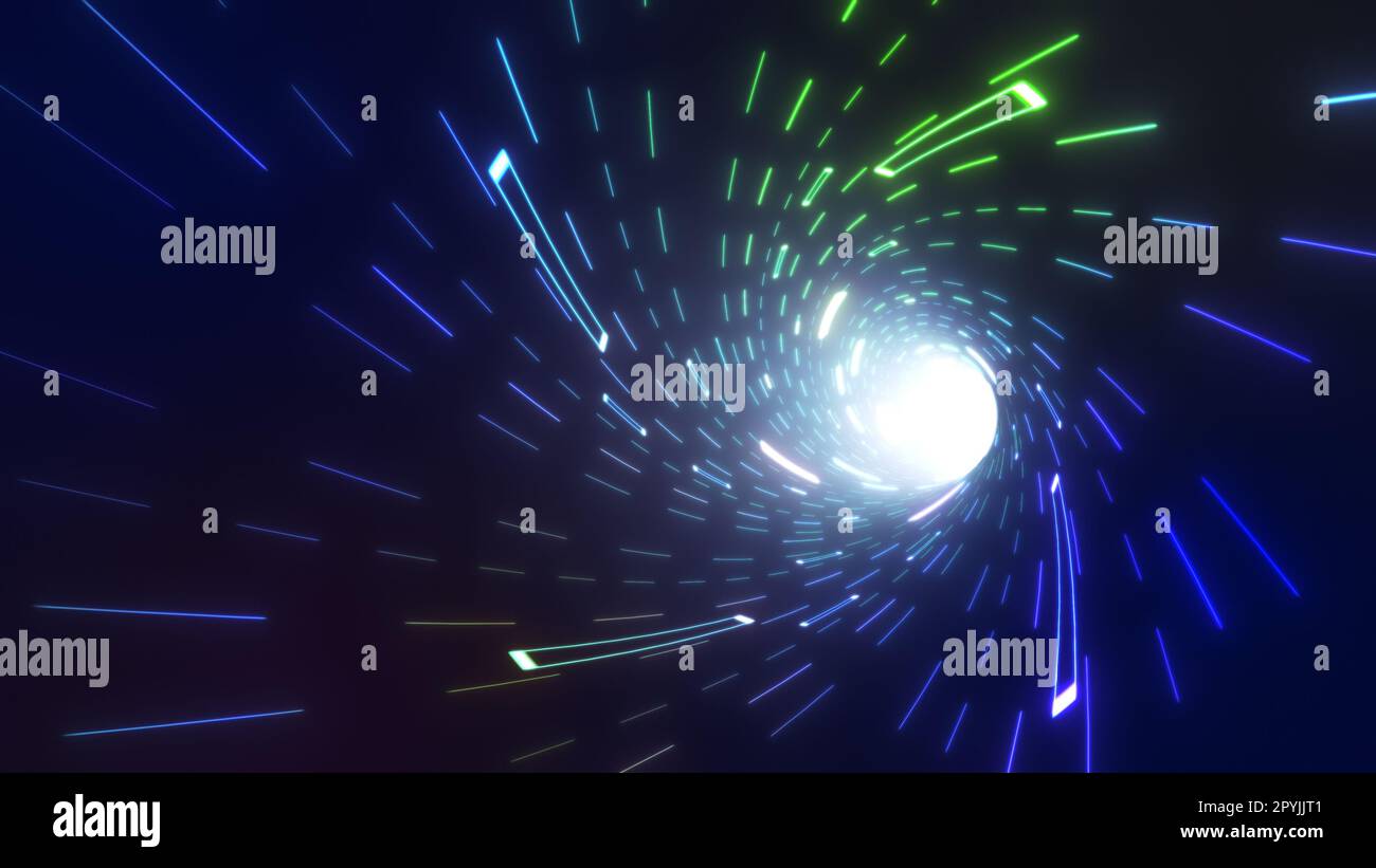 Neon illuminating rays moving inside computerised technological tunnels ...