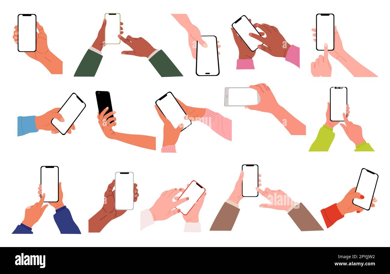 Different Hands Holding Mobile Phones Vector Set Stock Vector Image