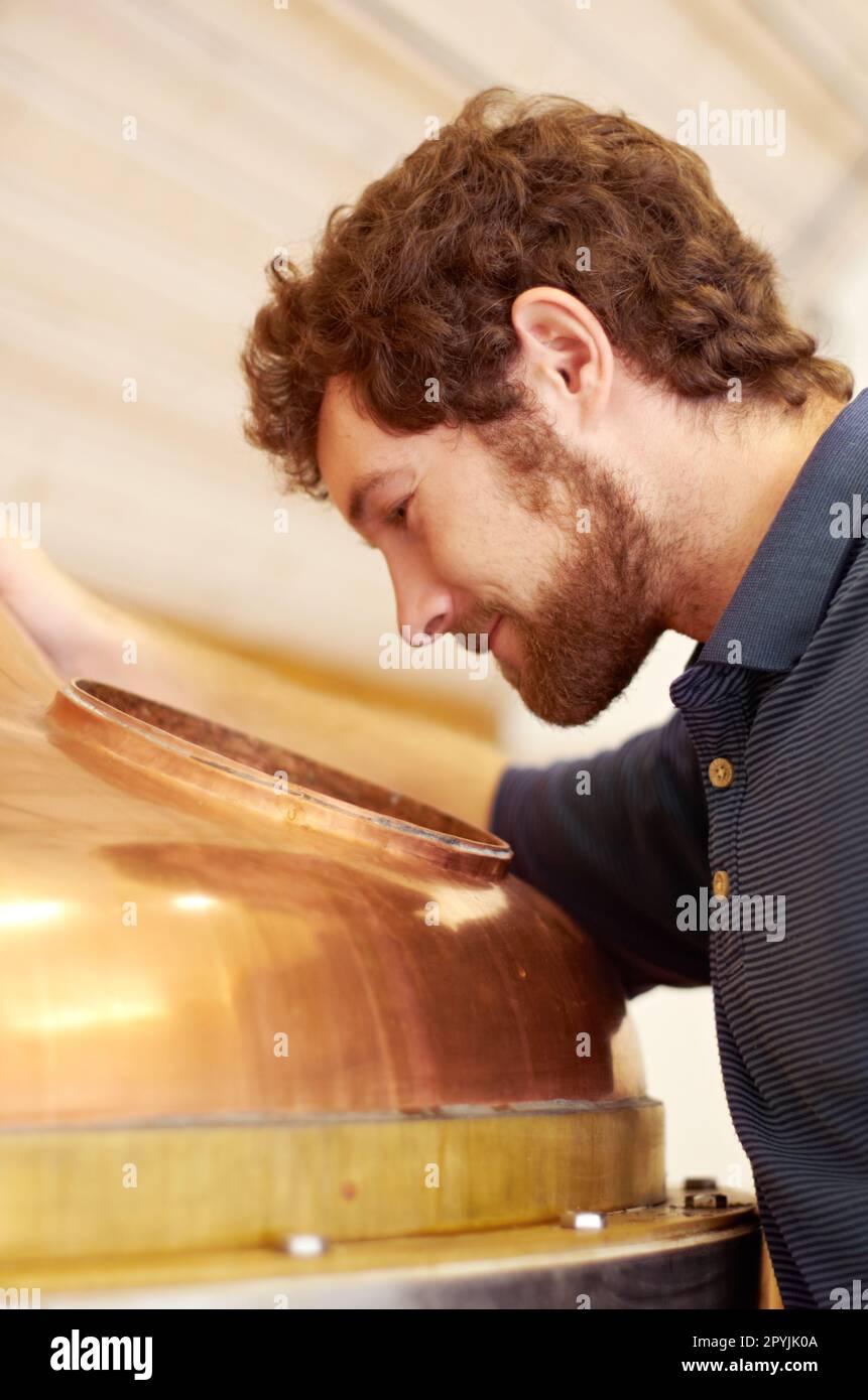 Beer, brewery and production with man in factory for manufacturing ...