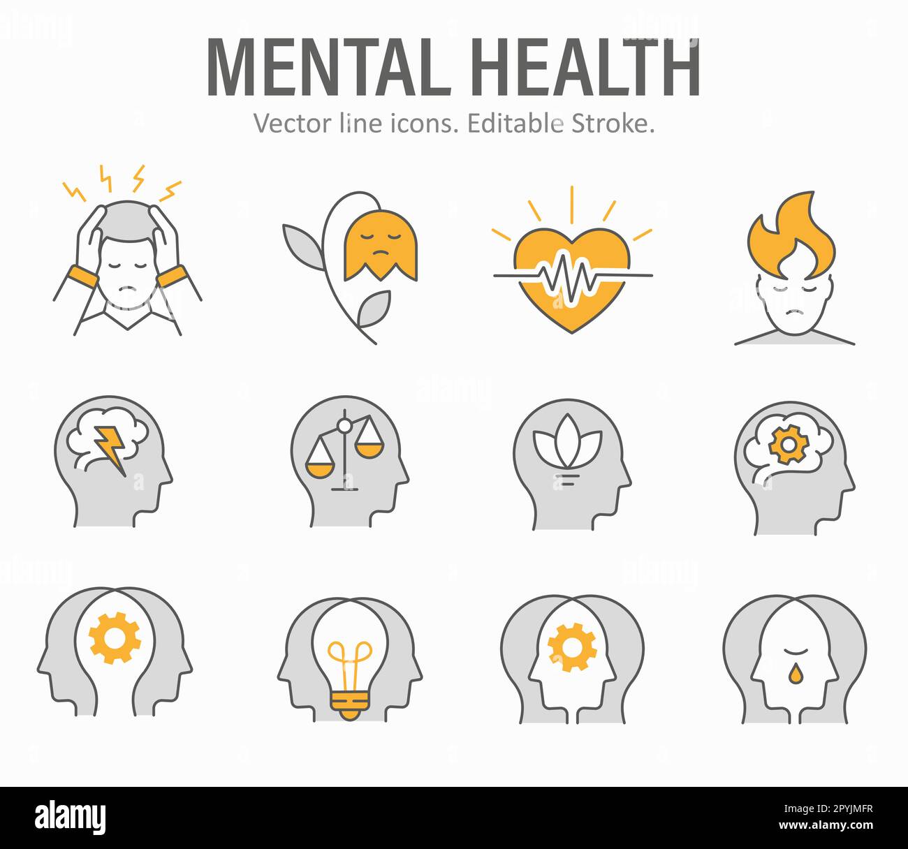 Mental health icons, such as anxiety, therapy, panic attack and more ...