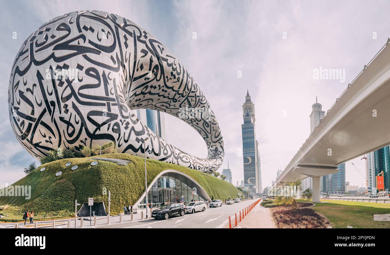 17 January 2023, Dubai, UAE: Panoramic view of the famous Future museum ...