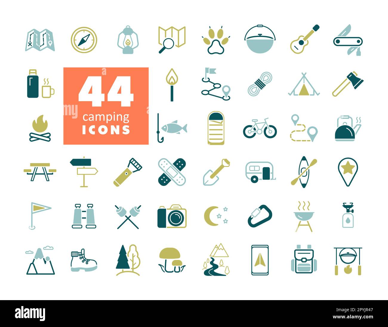 Camping, Hiking, Nature and Outdoor Activities isolated icons set ...