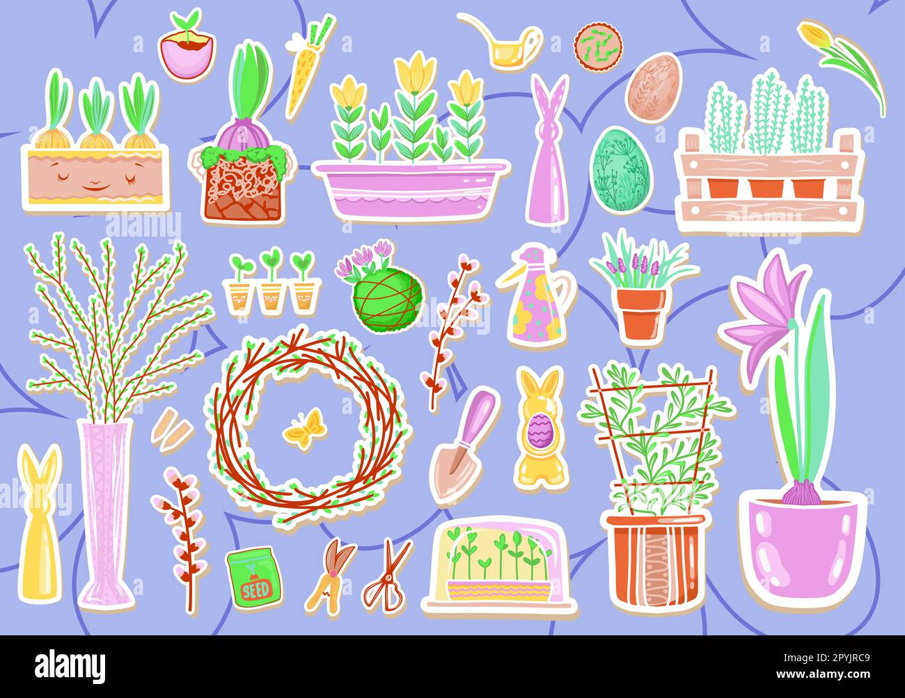 Springtime stickers, magnets collection with decorative floral and ...