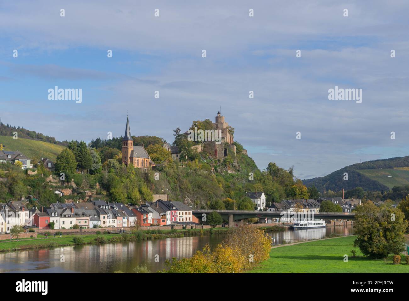 City view of the german city Saarburg with river called Saar and old castle ruin Stock Photo - Alamy