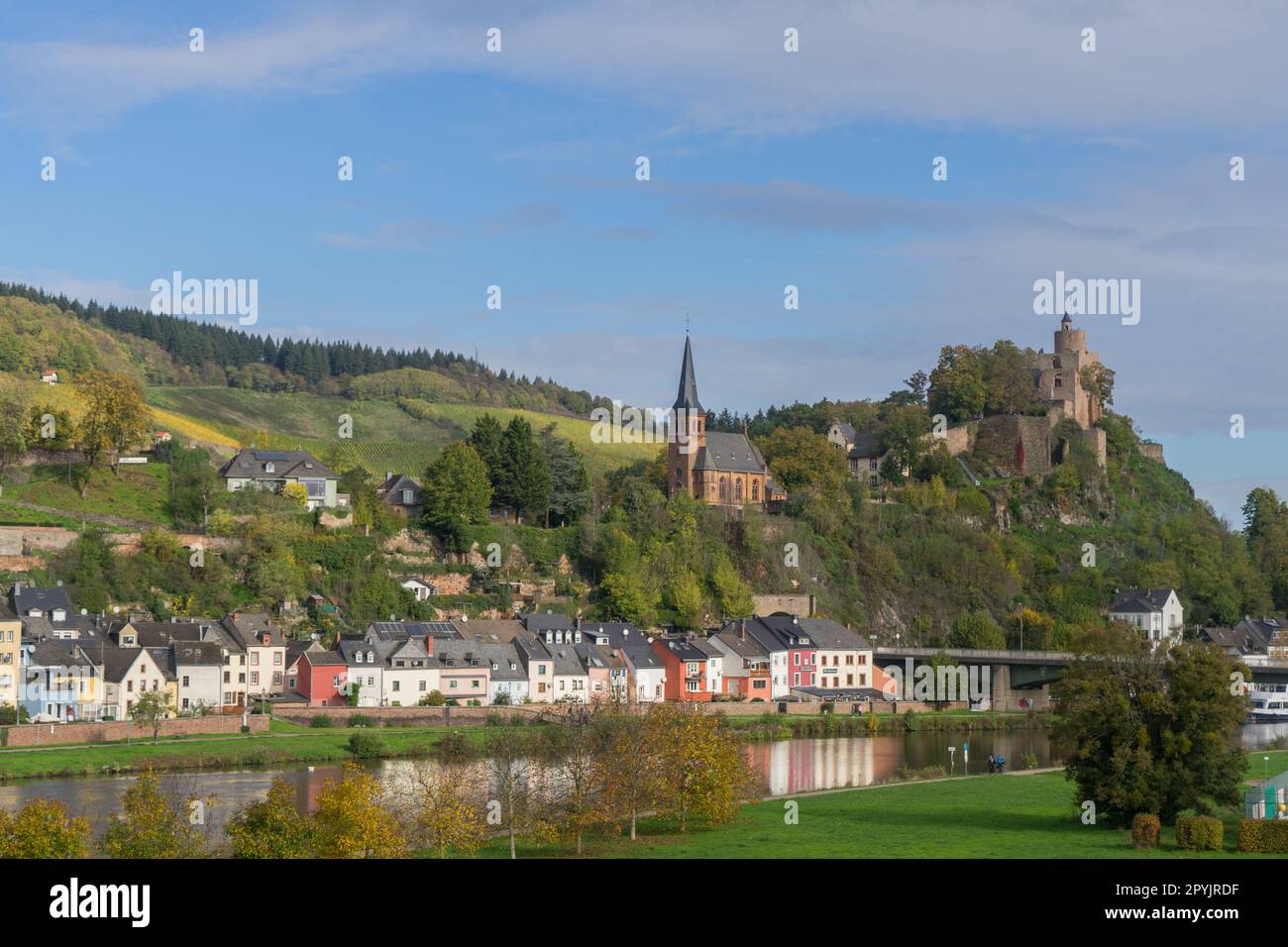 City view of the german city Saarburg with river called Saar and old ...