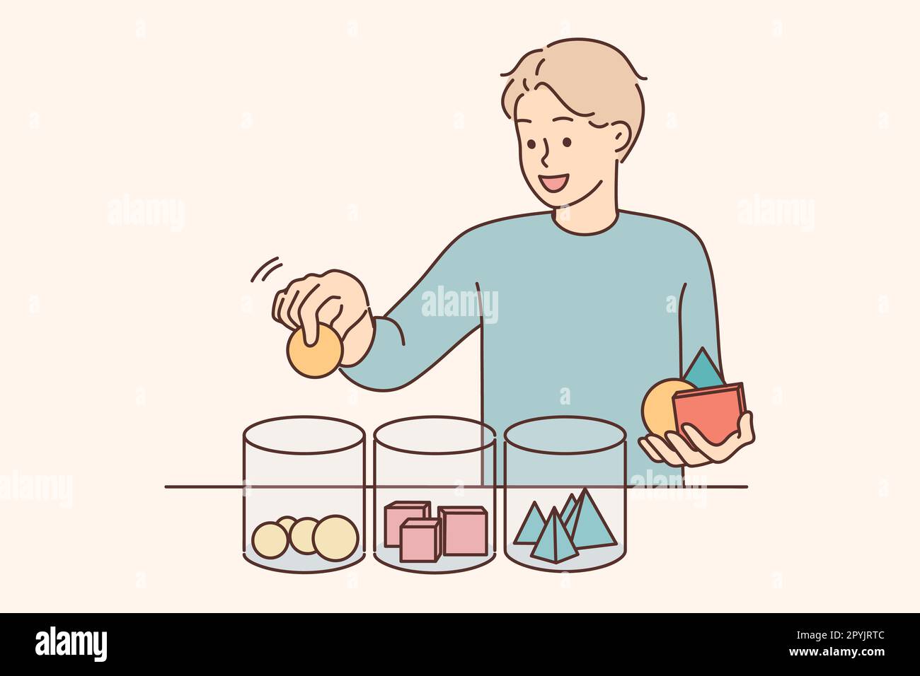 Smiling child sorting geometric figures in different jars. Happy boy ...