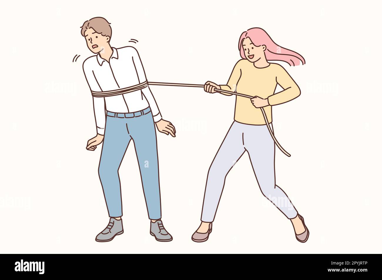 Smiling woman put rope on man drag him closer. Desperate female throw ...