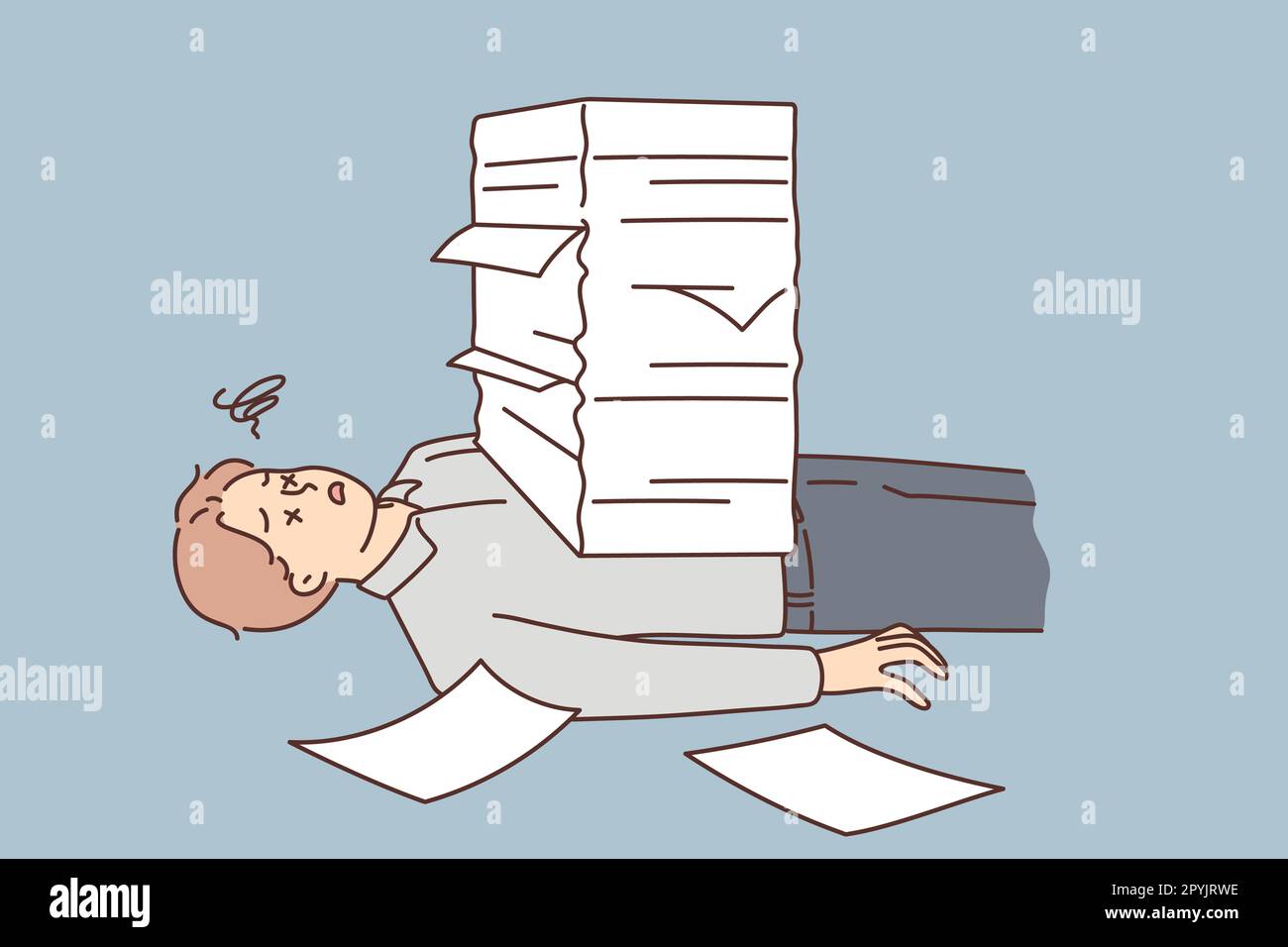 Stressed man lying under stack of paperwork suffer from job burnout ...
