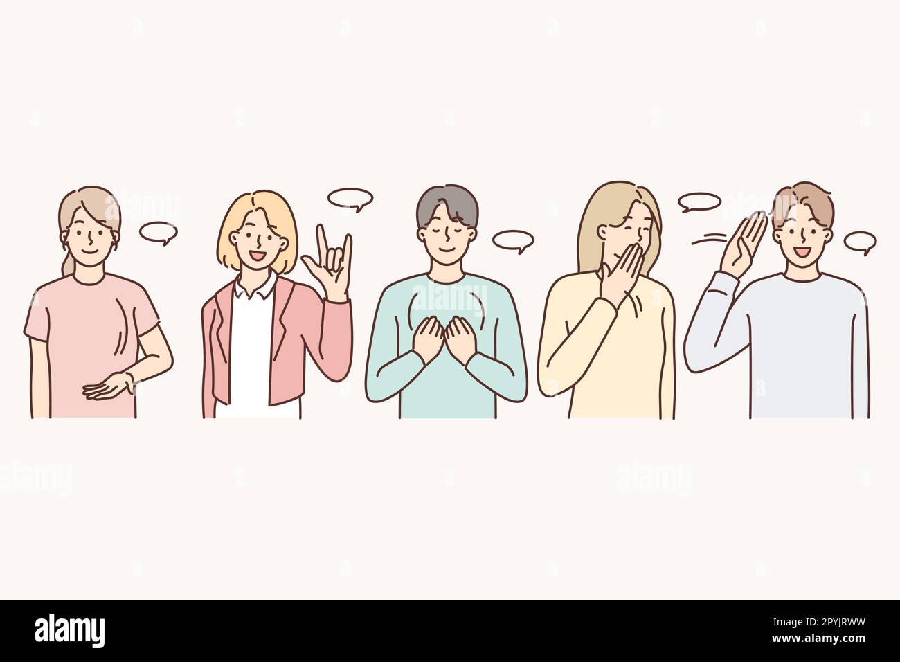 Diverse people communicate using sign language. Smiling men and women ...
