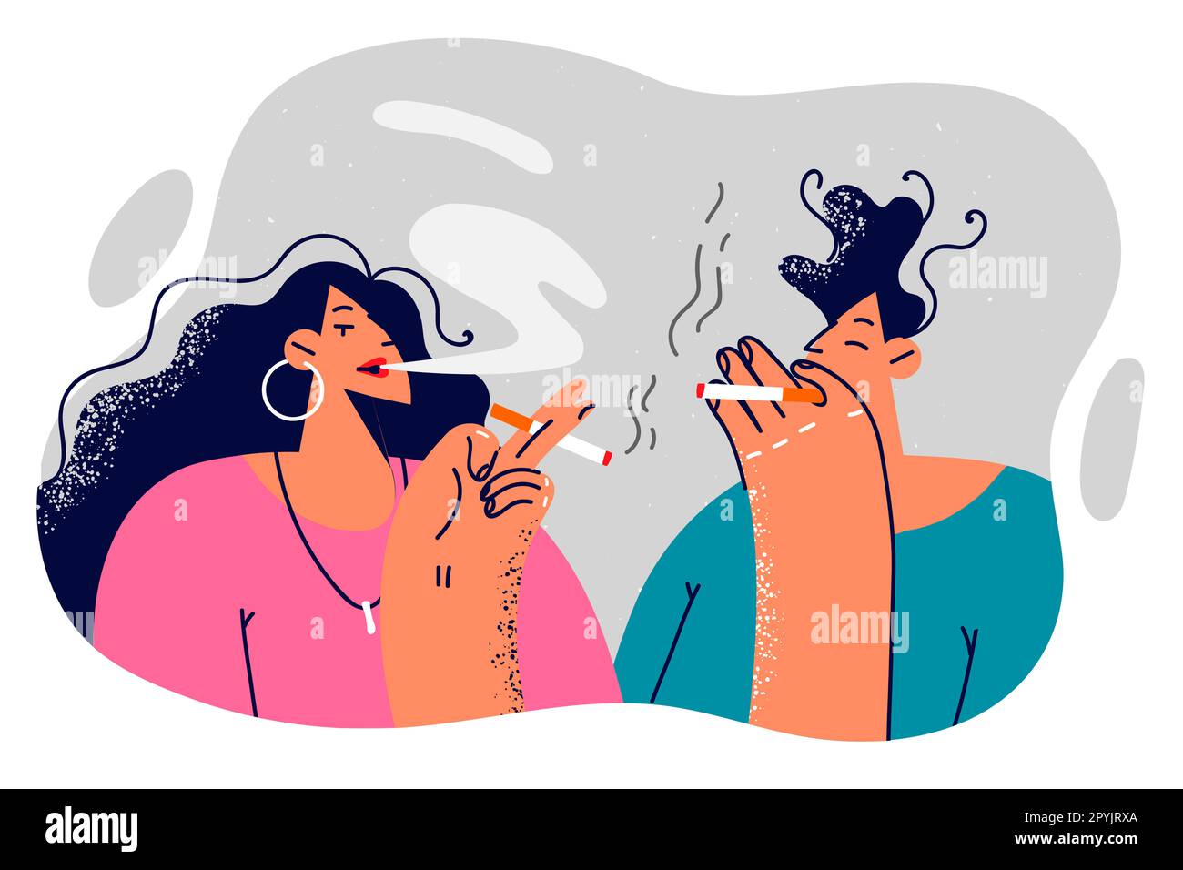 Man and woman smoking cigarettes enjoying tobacco smoke and gossiping ...
