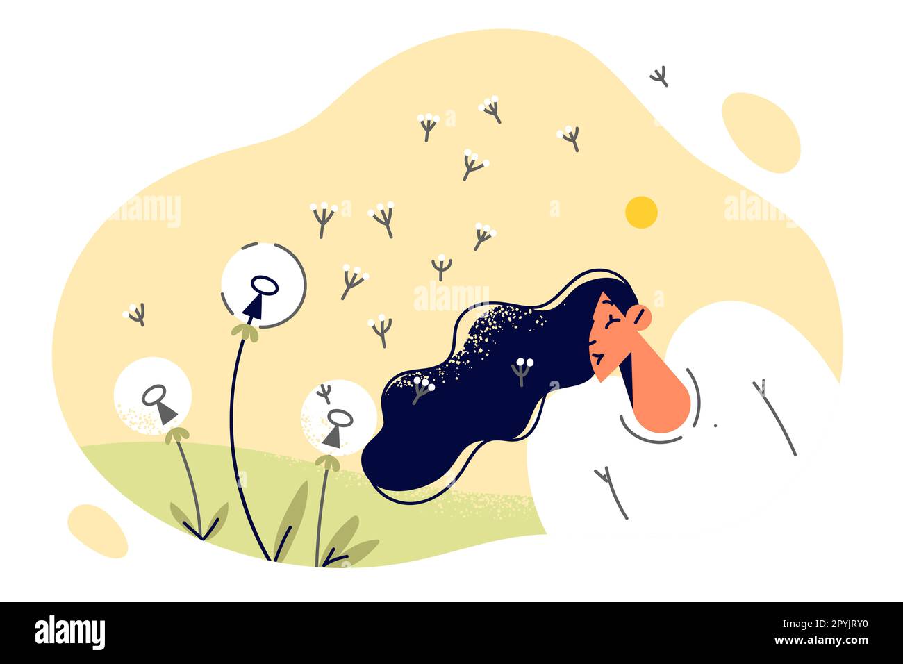Teenager girl walking in spring meadow blowing dandelions enjoy fresh ...