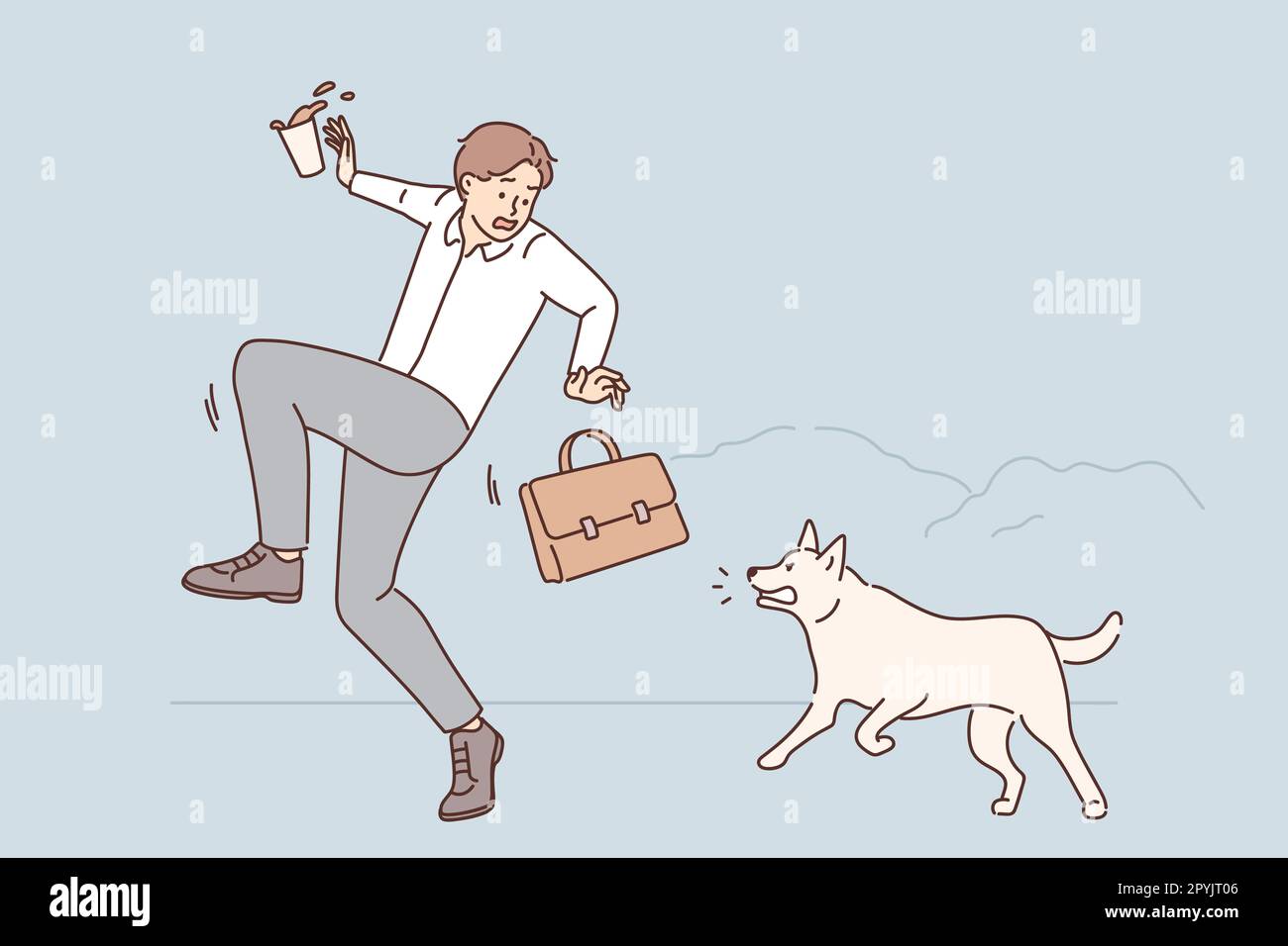 Terrified businessman run from aggressive dog on street. Scared male ...