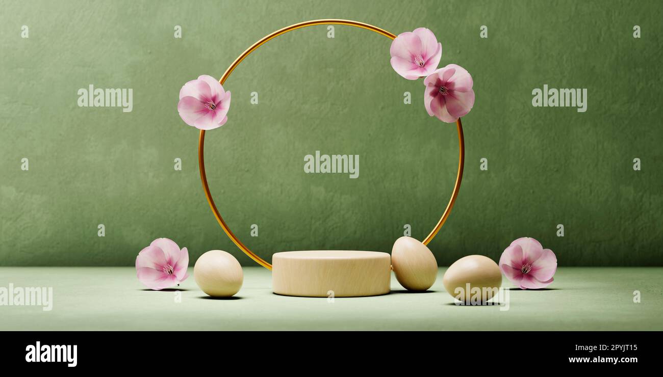 Easter eggs and wooden product podium stage on green background. Easter ...