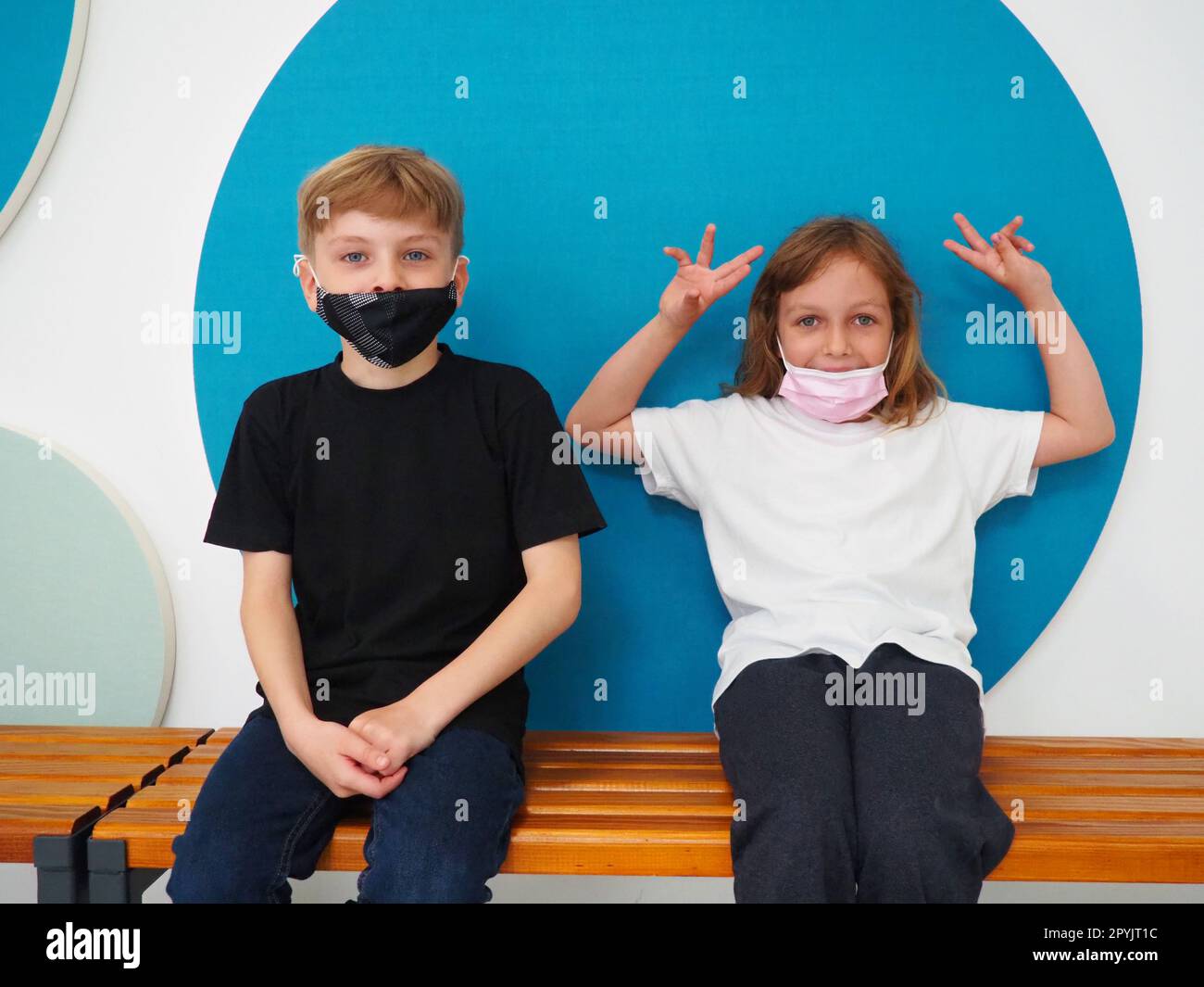 School children wearing face mask during corona virus and flu outbreak ...