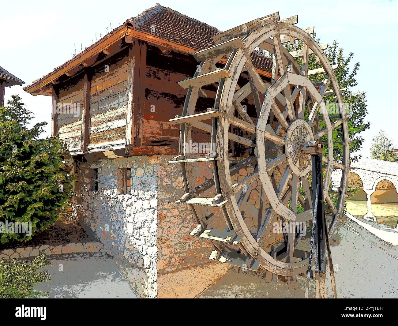 Wooden water mill. A hydraulic structure using hydropower from a water ...