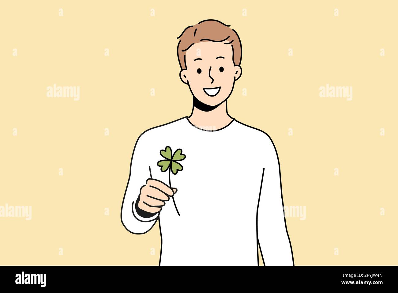 Smiling man holding clover with four leaves feeling lucky. Happy guy ...