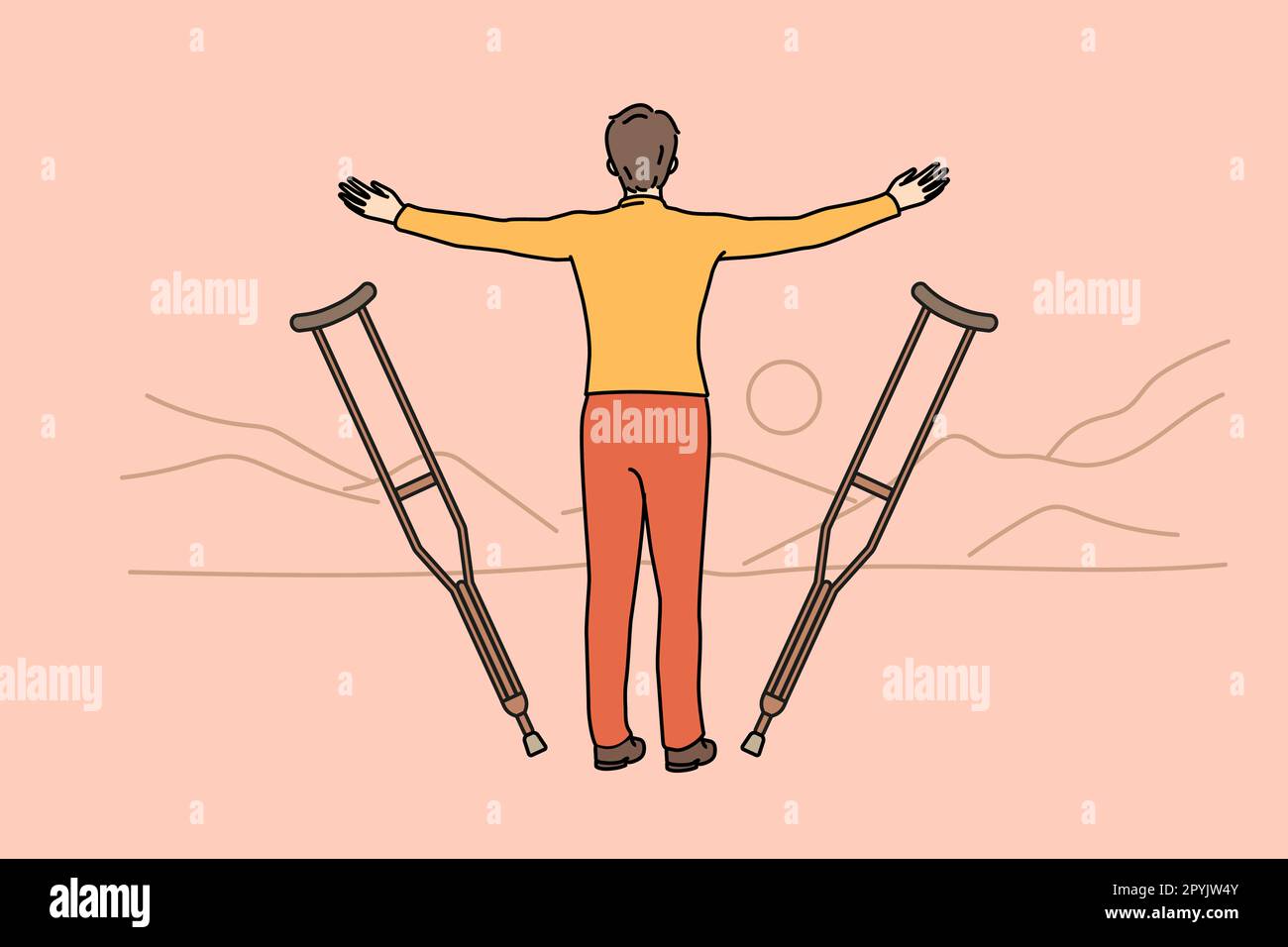 Disabled man let go of crutches face sunset enjoy recovery. Back view ...