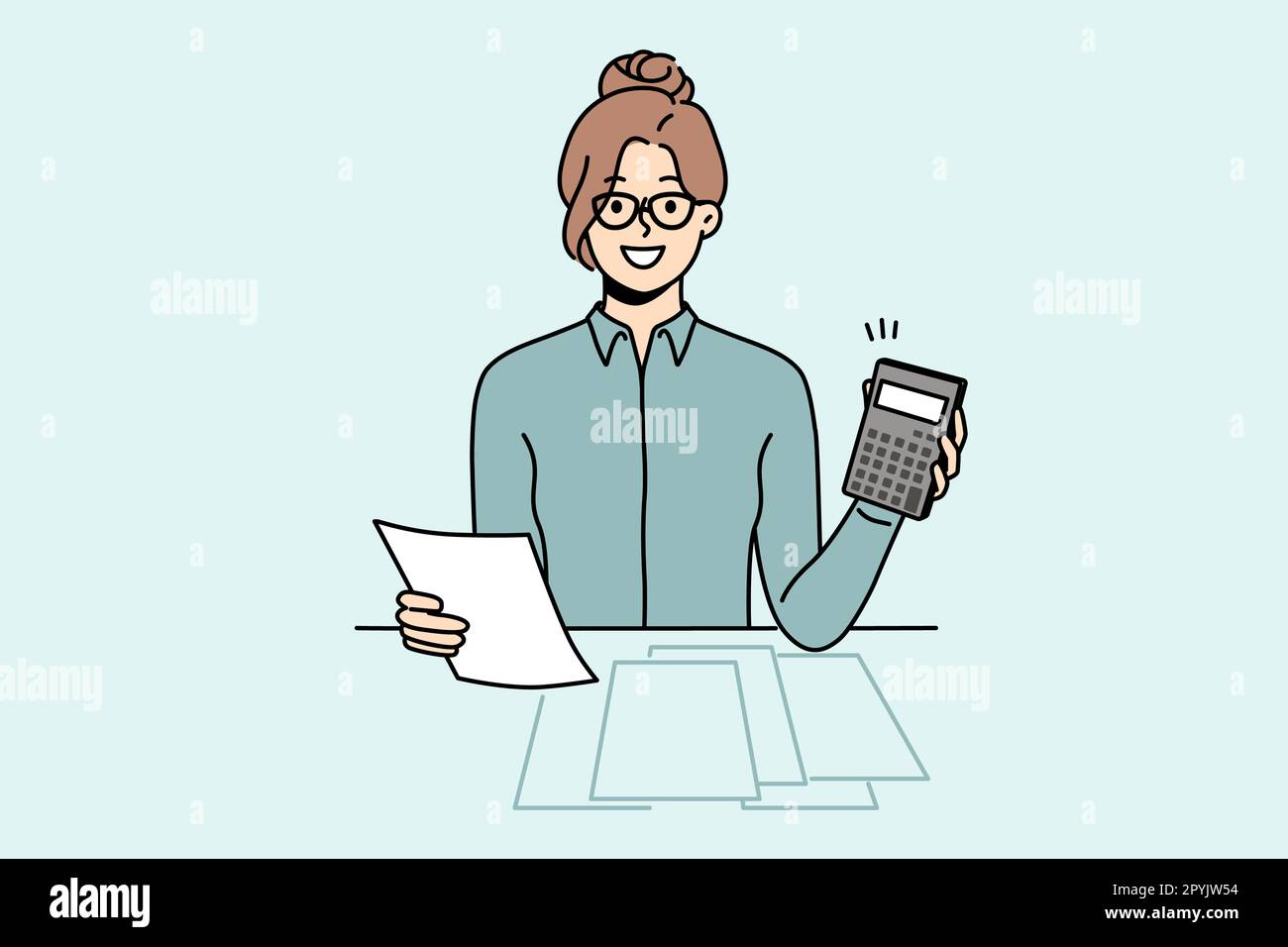 Smiling female accountant sit at desk in office calculating taxes on ...