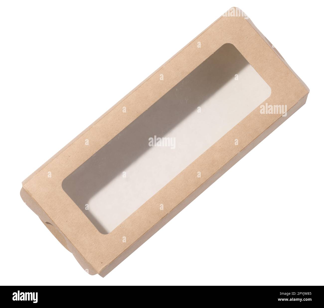 Empty brown rectangular cardboard box with a transparent lid on a white ...