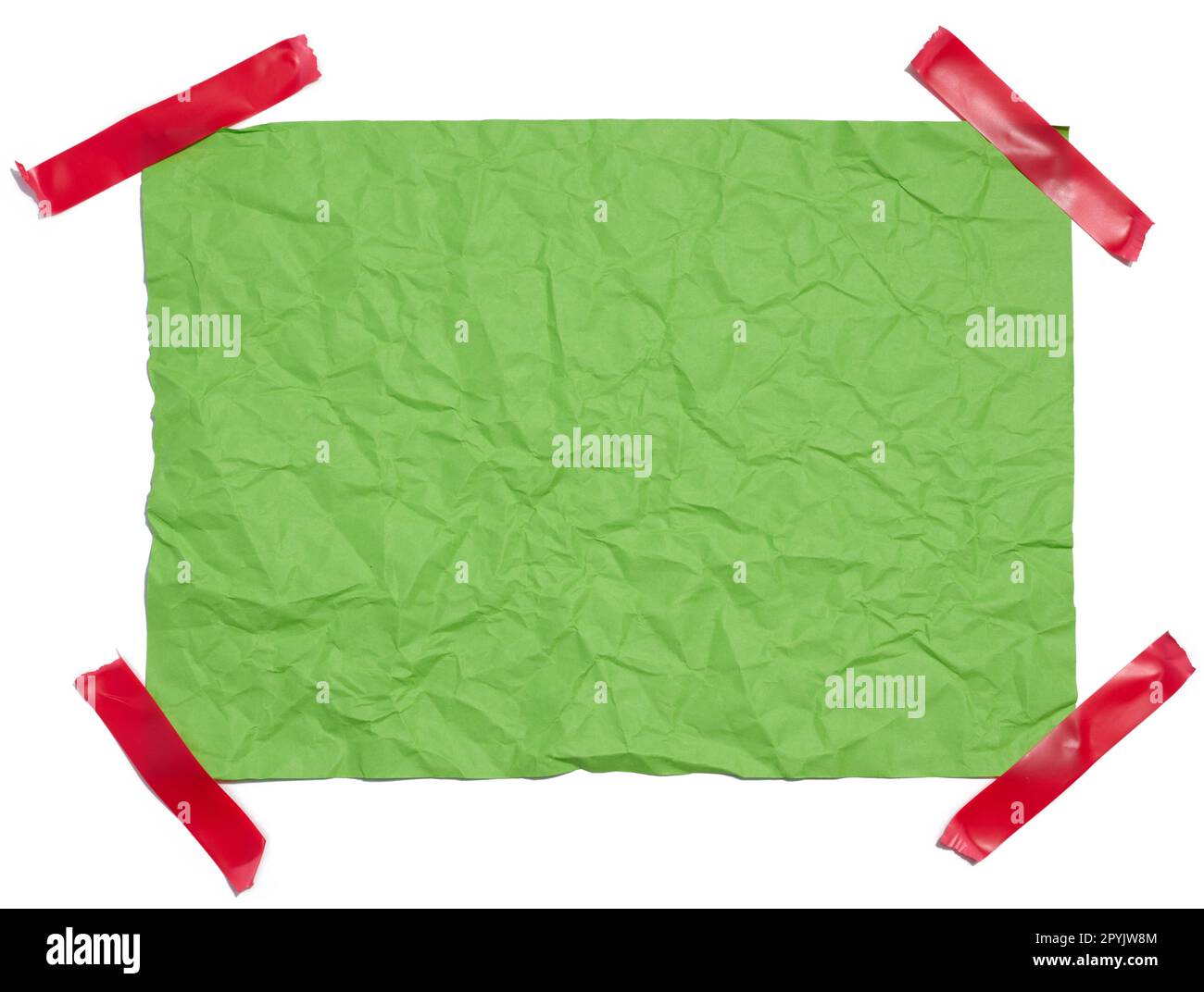 Crumpled rectangular sheet of green paper on a white background, top ...