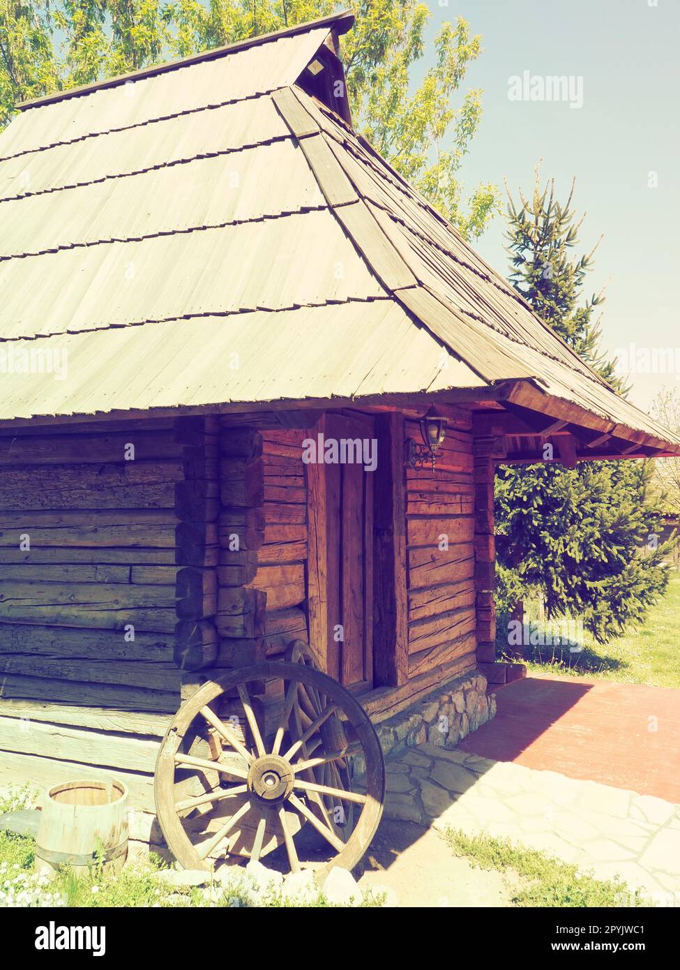 Stanisici, Bijelina, Bosnia and Herzegovina, 25 April 2021. Log village ...