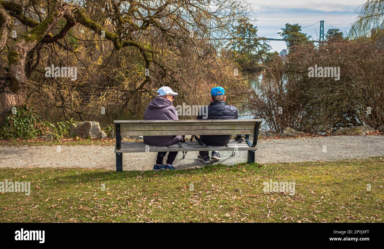 Elderly couple resting on a bench in the park. Rear view of a senior ...