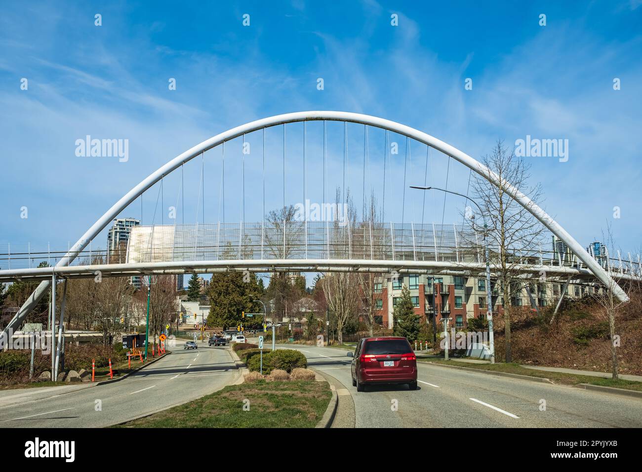 Pedestrian footbridge over highway in Vancouver Canada. Steel ...