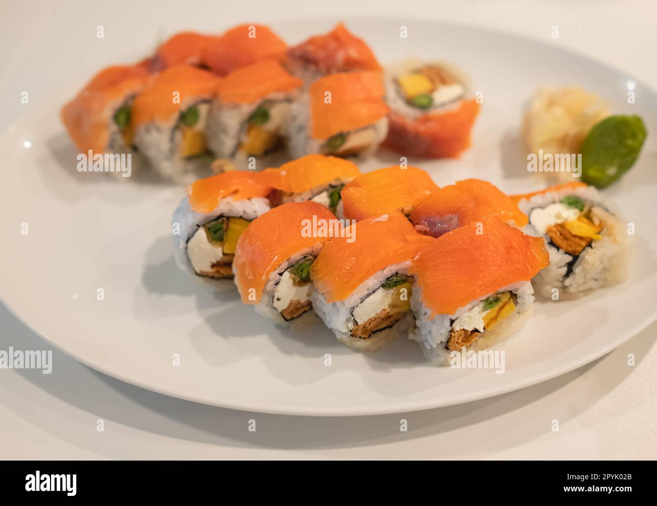 Japanese sushi food. Philadelphia roll sushi with salmon, prawn ...