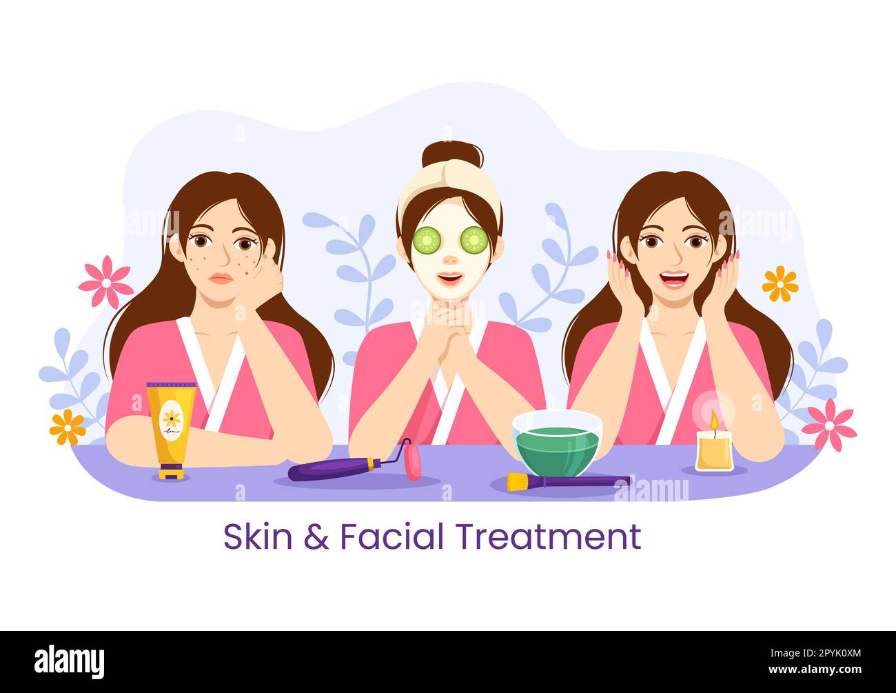 Facial and Skin Treatment Illustration with Women Skin Care, Anti Age ...
