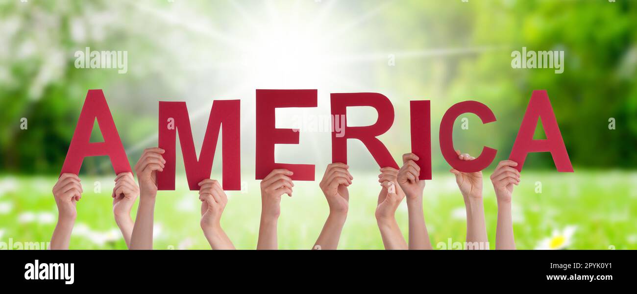 People Hands Building Word America, Grass Meadow Stock Photo - Alamy