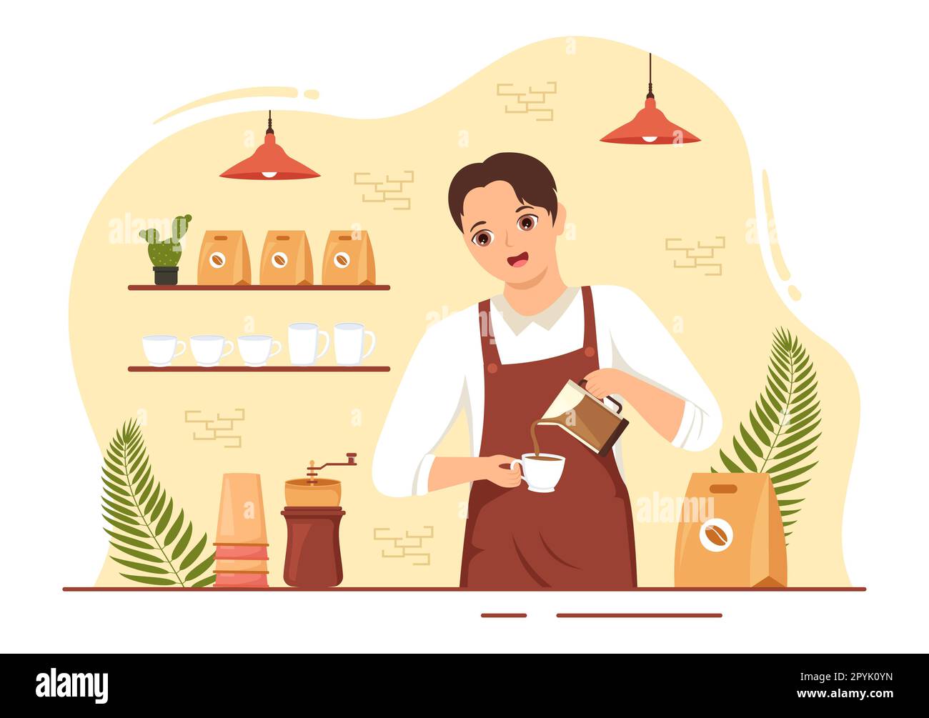 Barista Illustration With Wearing Standing Apron Making Coffee for ...