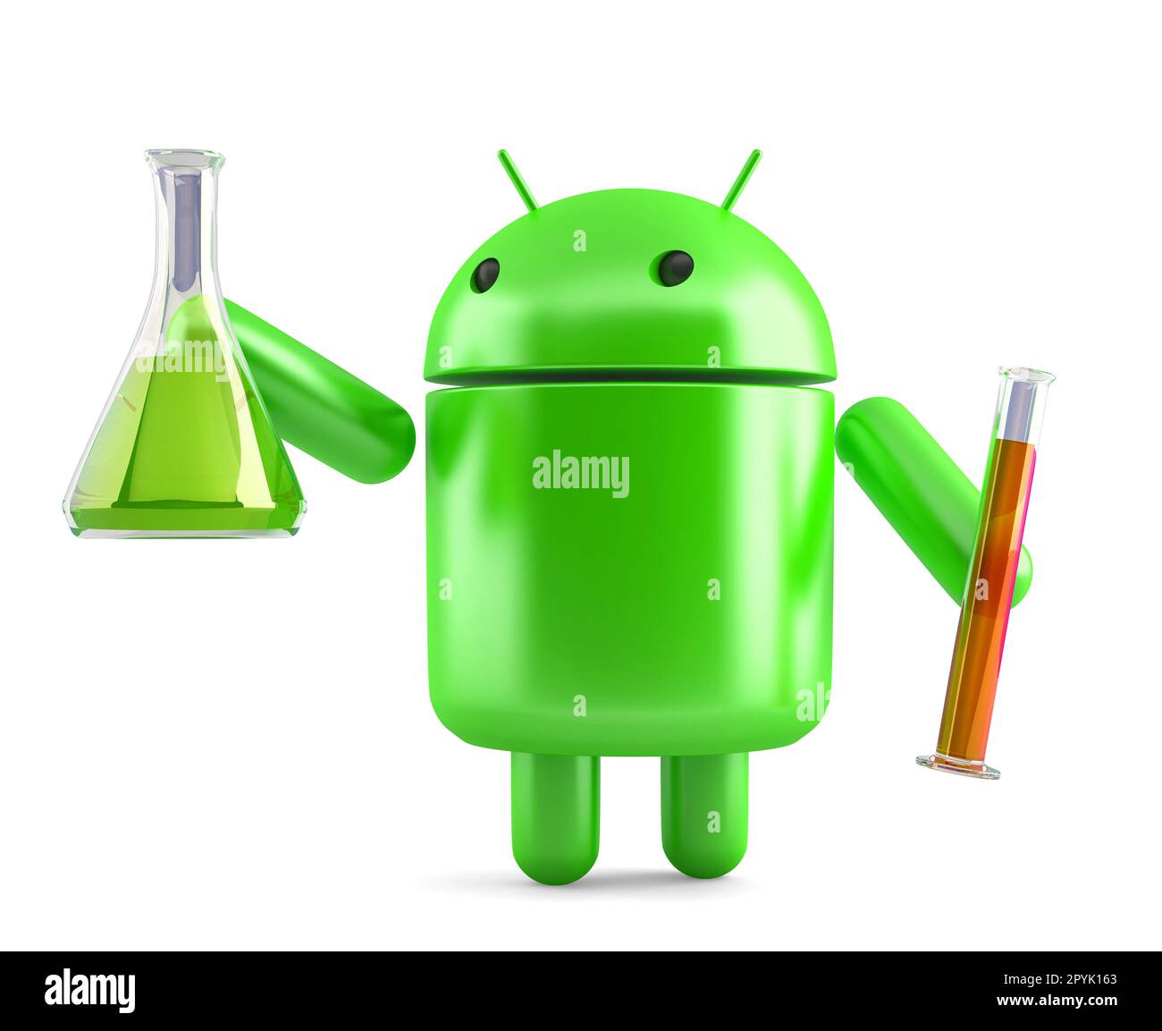 Android robot with laboratory glassware. 3D illustration. Isolated ...