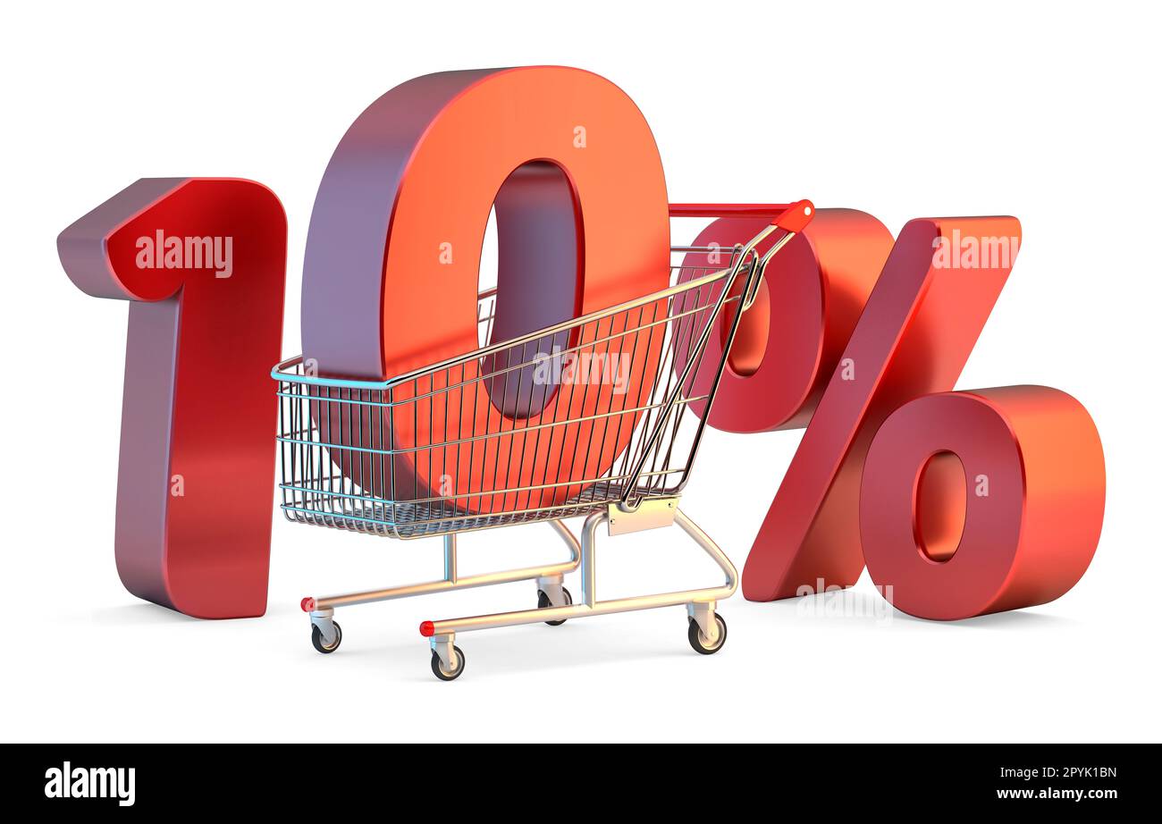 Shopping cart with 10 percent discount sign. 3D illustration. Isolated ...