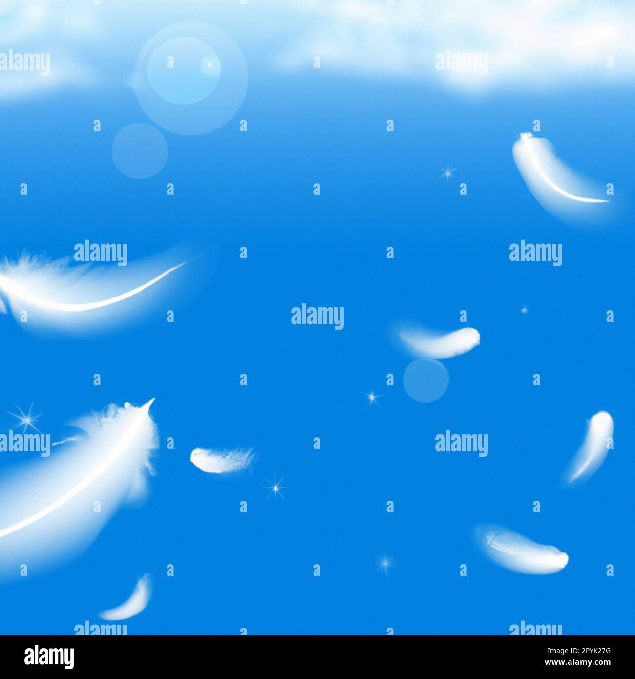 Fluffy white feathers falling down in a blue sky. Feather floating ...