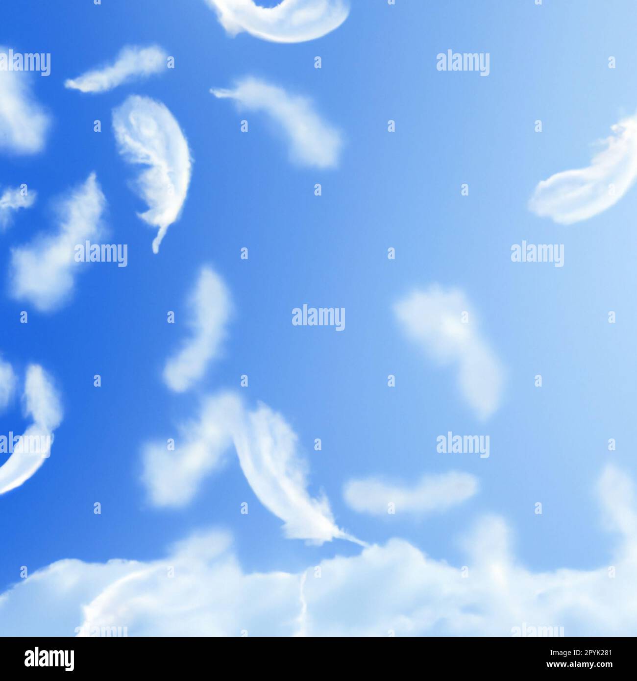 Fluffy white feathers falling down in a blue sky. Feather floating ...