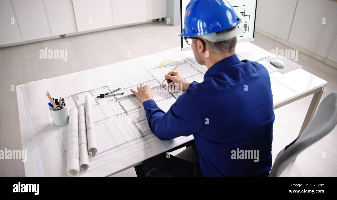 Civil Engineer Drawing Architecture Plan Blueprint Stock Photo - Alamy