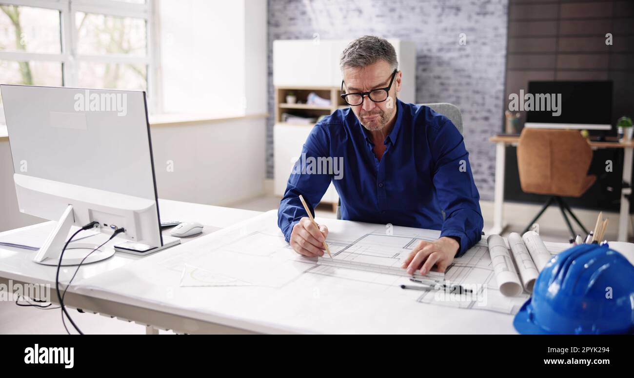 Architect Engineer Drawing Architectural Construction Plan Stock Photo ...