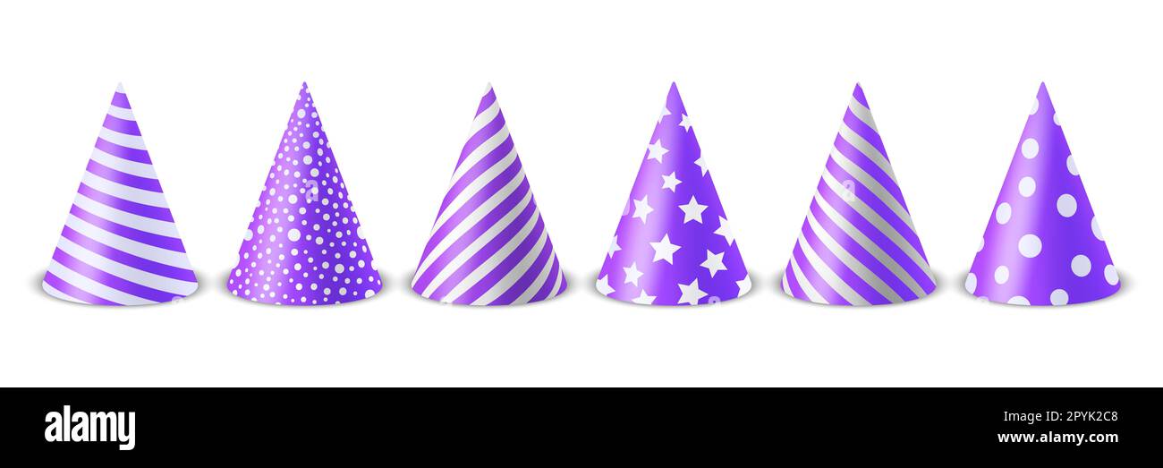Vector 3d Realistic Purple and White Birthday Party Hat Icon Set ...