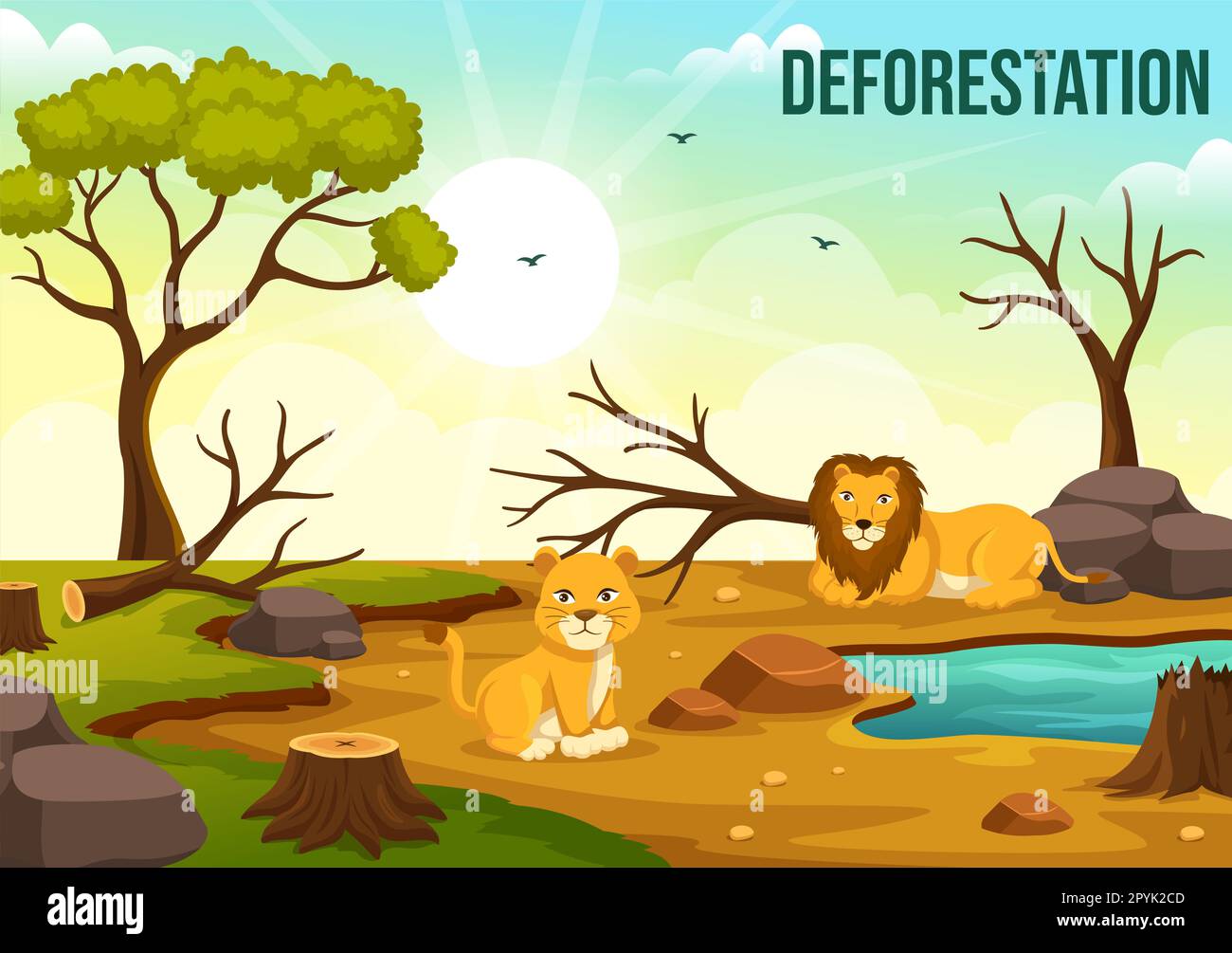 Deforestation Illustration with Tree in the Felled Forest and Burning ...