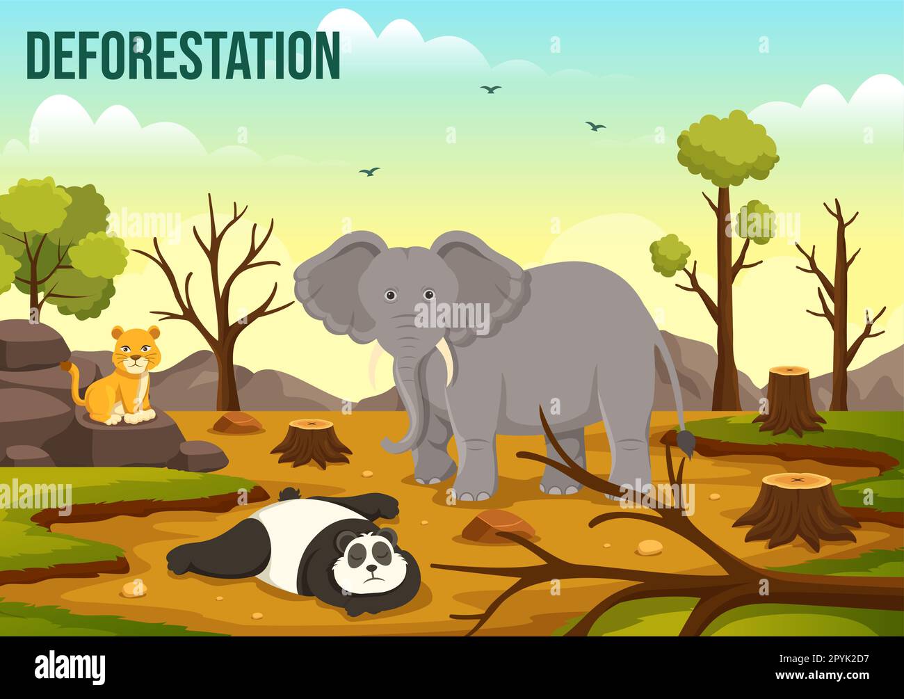 Deforestation Illustration with Tree in the Felled Forest and Burning ...