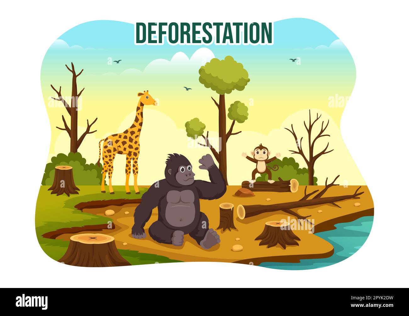 Deforestation Illustration with Tree in the Felled Forest and Burning ...