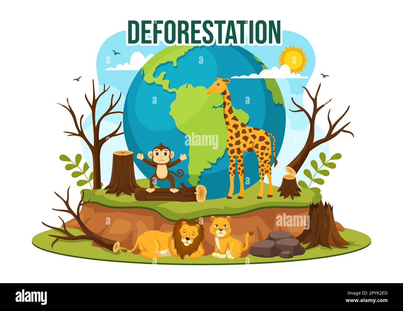 Deforestation Illustration with Tree in the Felled Forest and Burning ...