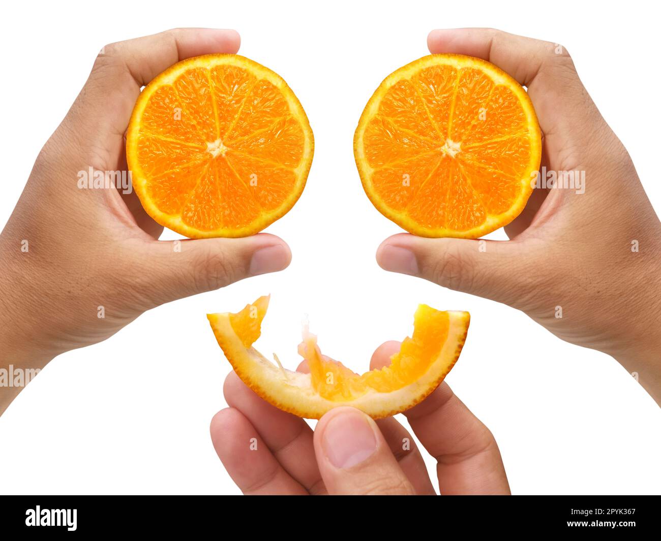 hand holding slice of orange isolated on white background Stock Photo ...