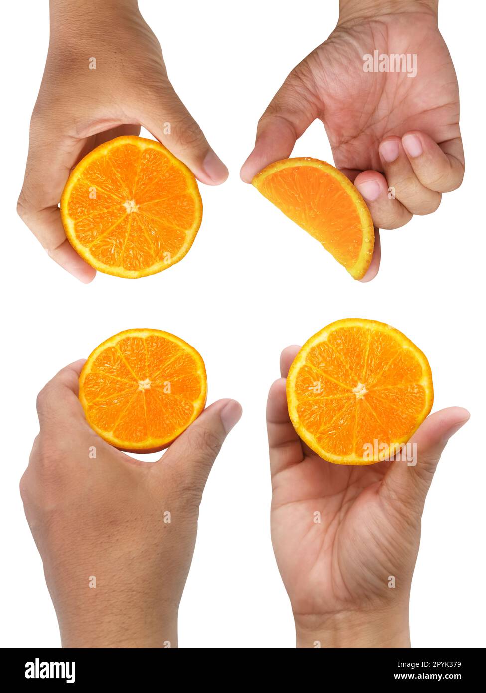 hand holding slice of orange isolated on white background Stock Photo ...