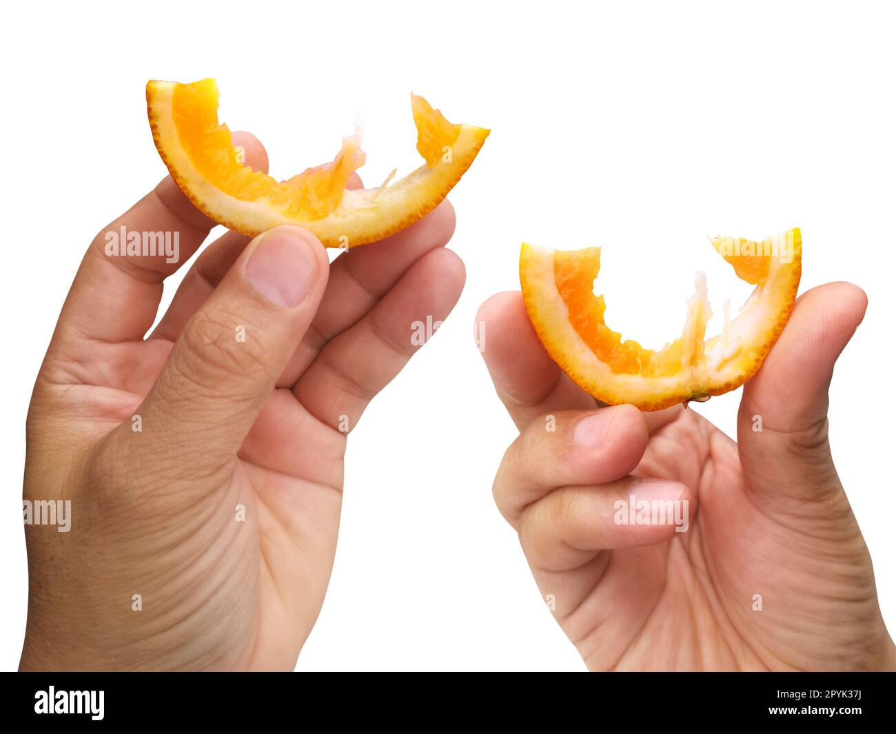 hand holding slice of orange isolated on white background Stock Photo ...